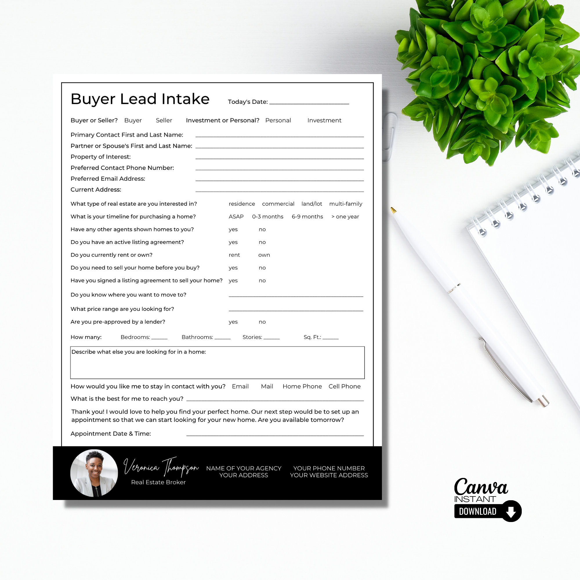 Editable Real Estate Buyer Lead Intake Sheet (canva Template) - Etsy