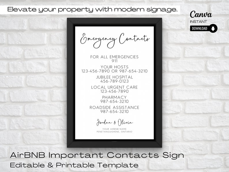 Airbnb Editable Important Contacts Sign Emergency Contacts - Etsy