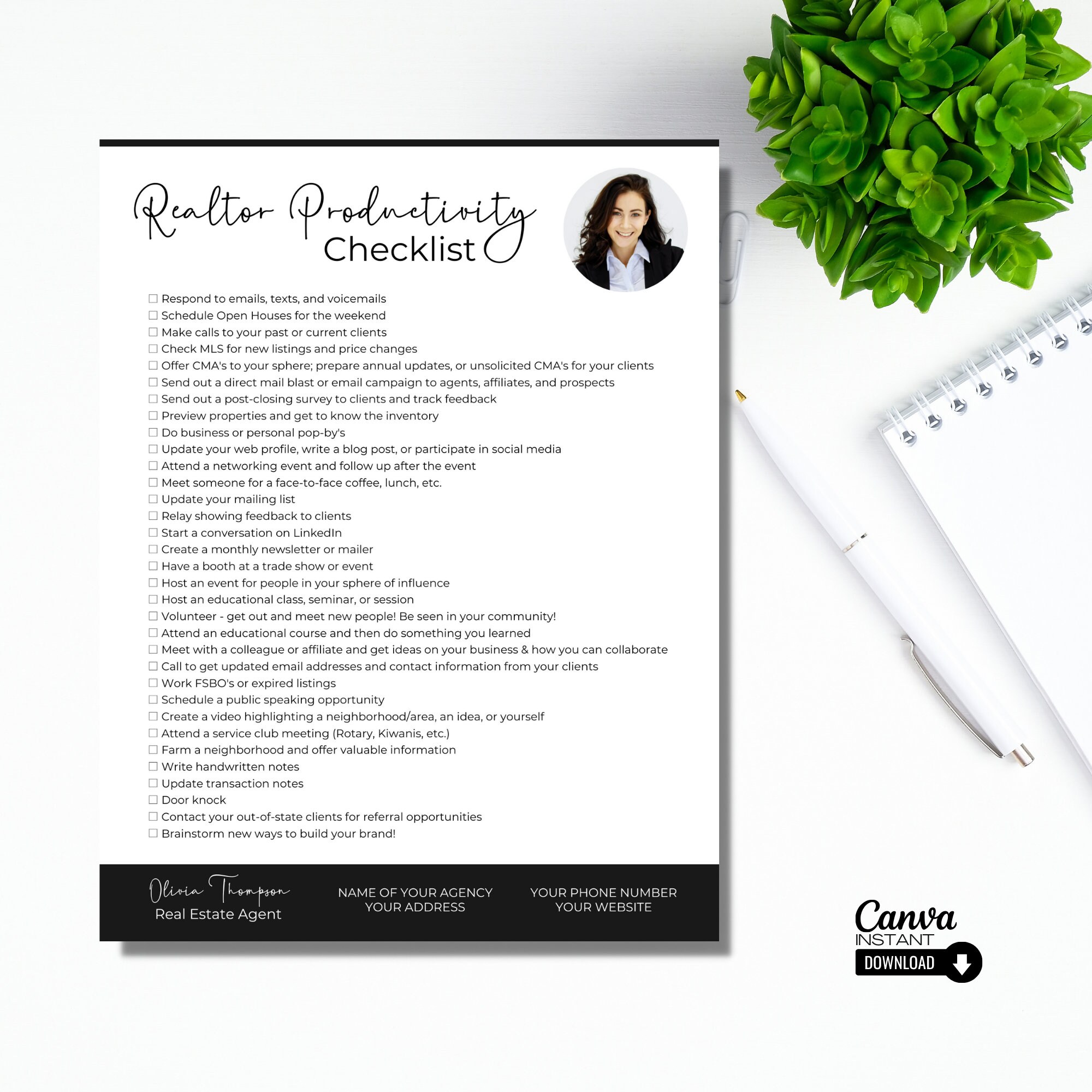 Real Estate Productivity Checklist, Editable Realtor Task Checklist ...