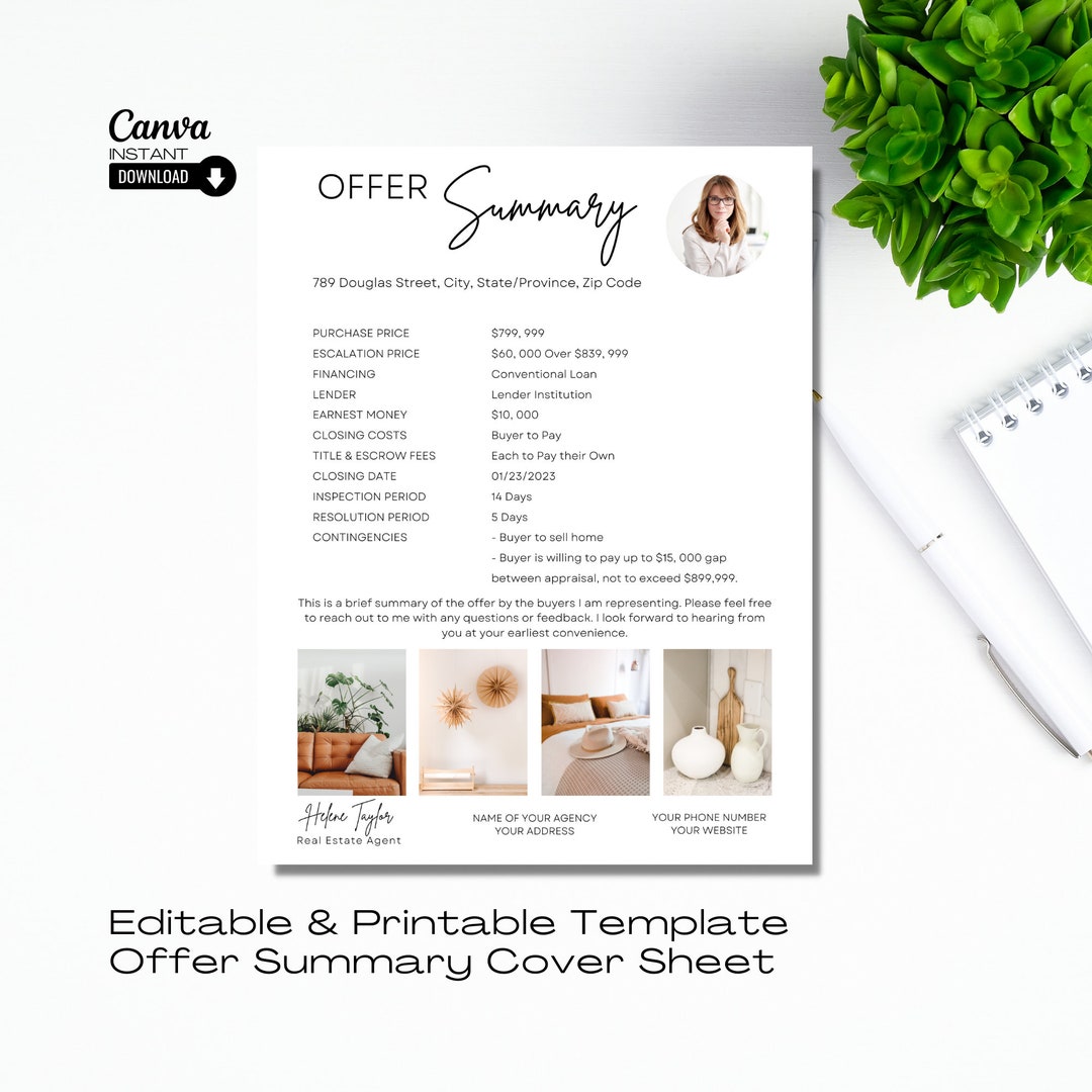 Editable Real Estate Offer Summary Template (printable) - Etsy
