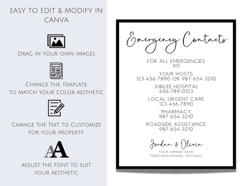Airbnb Editable Important Contacts Sign Emergency Contacts - Etsy