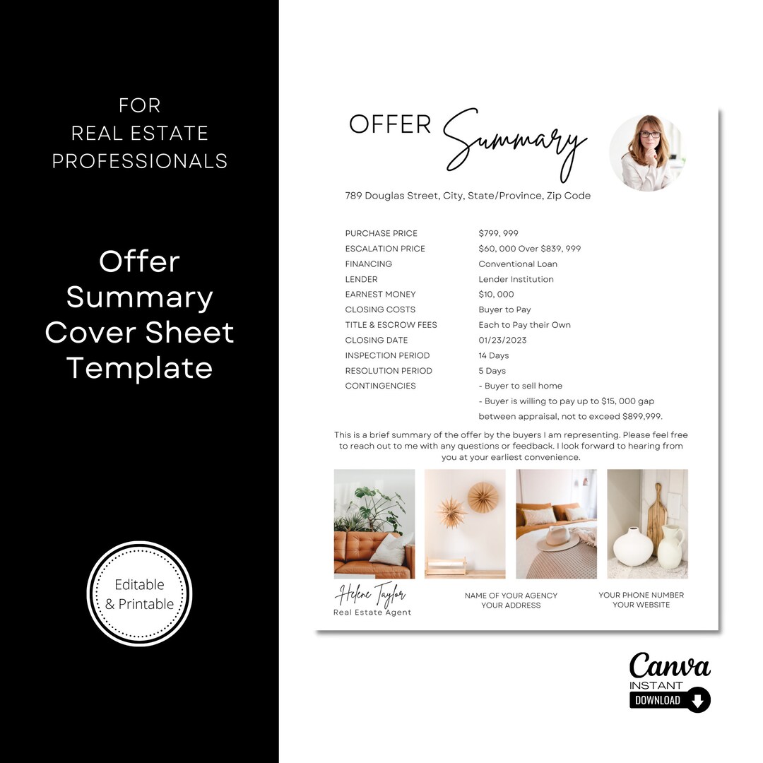 Real Estate Offer Summary, Real Estate Offer Cover Sheet, Real Estate ...