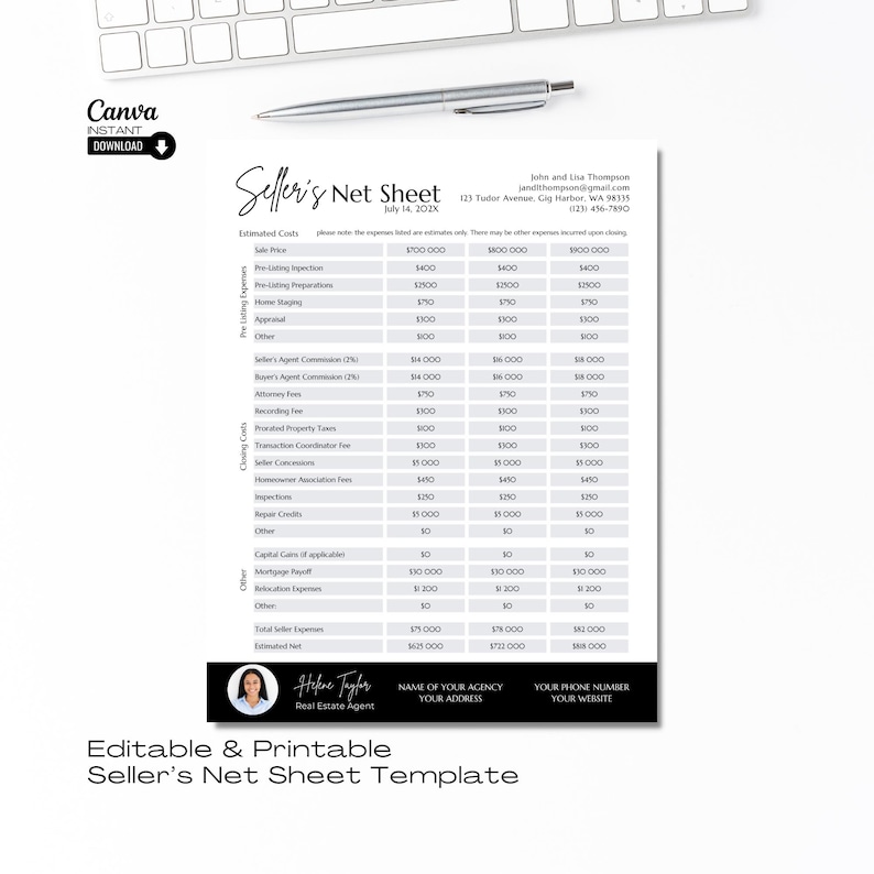 Editable Real Estate Seller's Net Sheet Template (canva) - Etsy