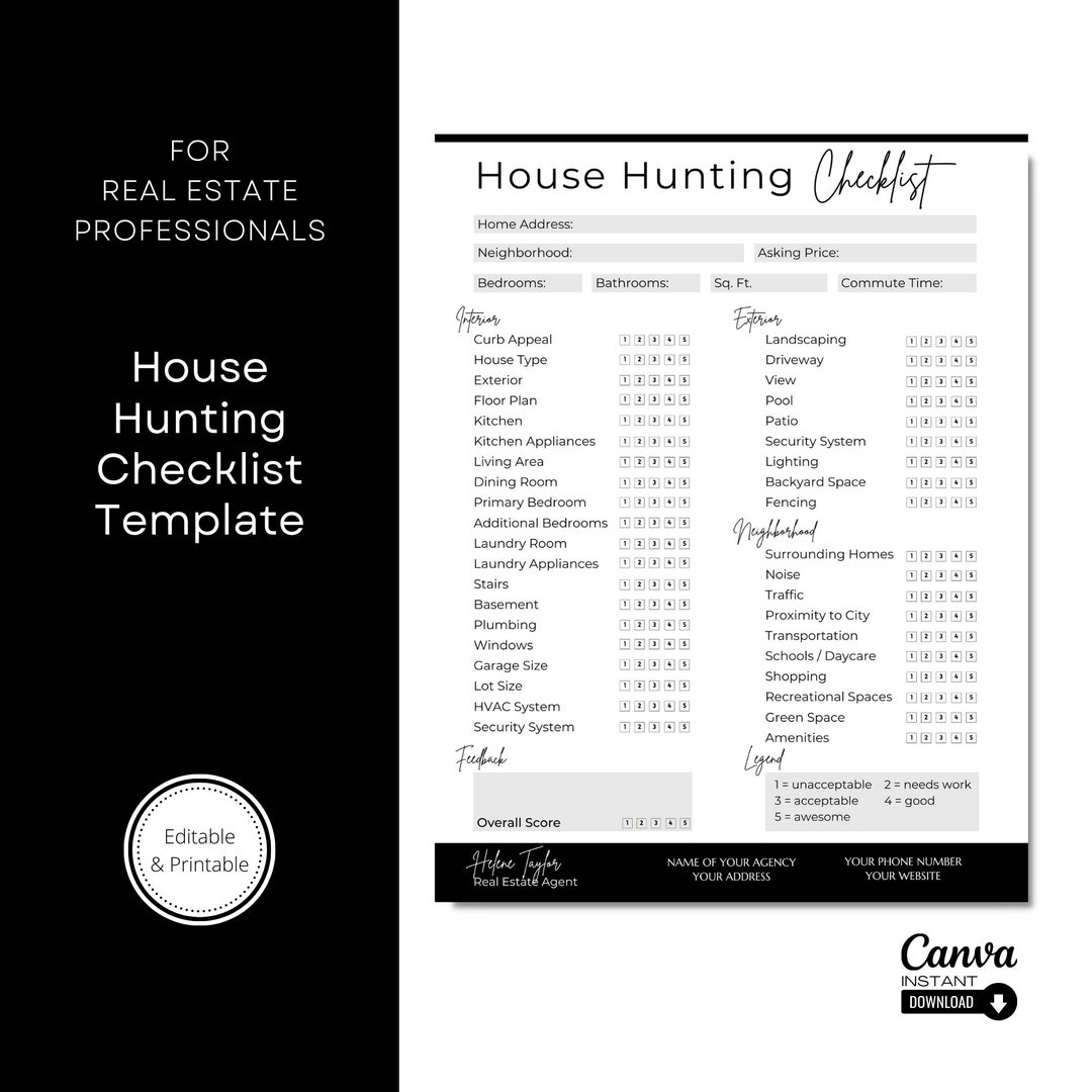 House Hunting Checklist, Real Estate Buyer Checklist, House Hunter ...