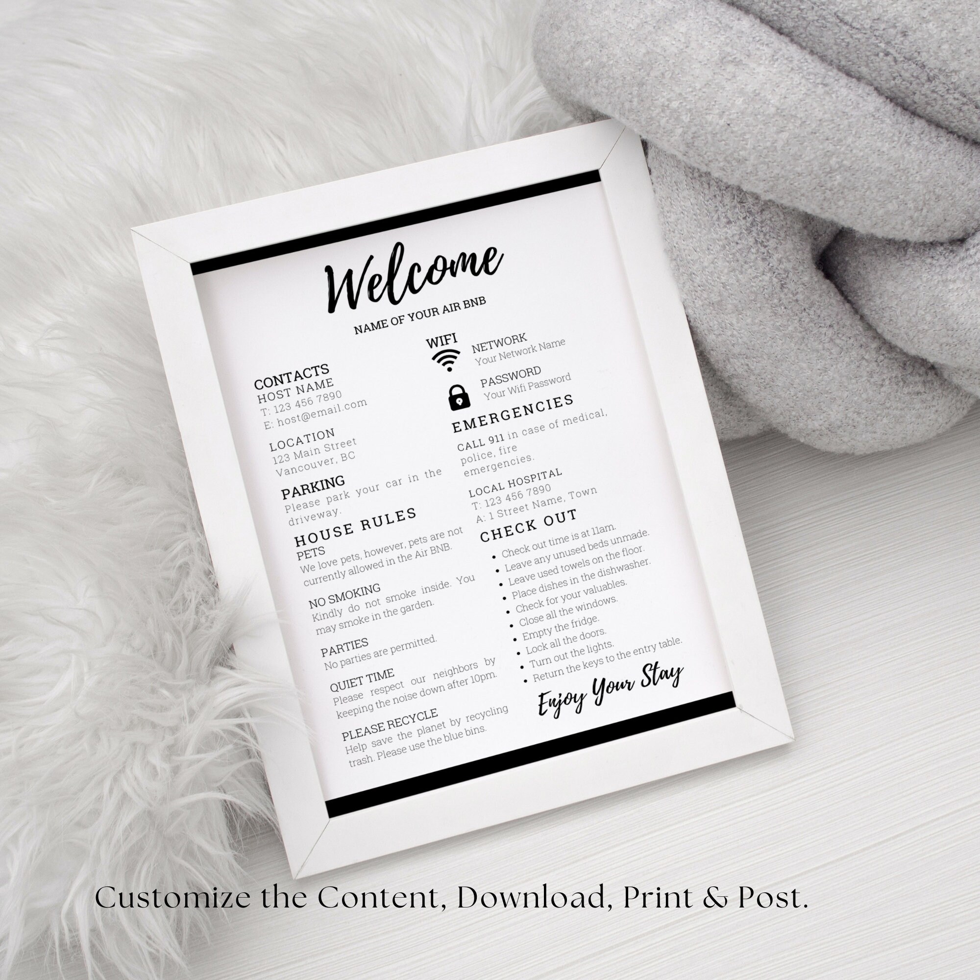 One Page Air BNB Airbnb Welcome Poster, Editable Airbnb Welcome Sign ...