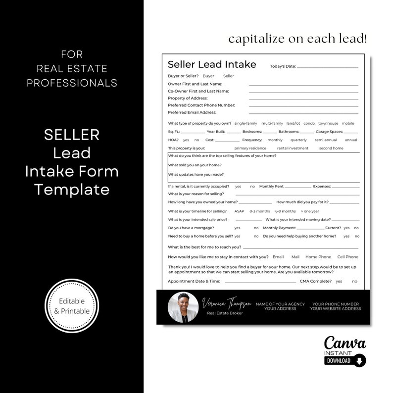 Editable Real Estate Lead Intake Sheet, Printable Seller Questionnaire ...