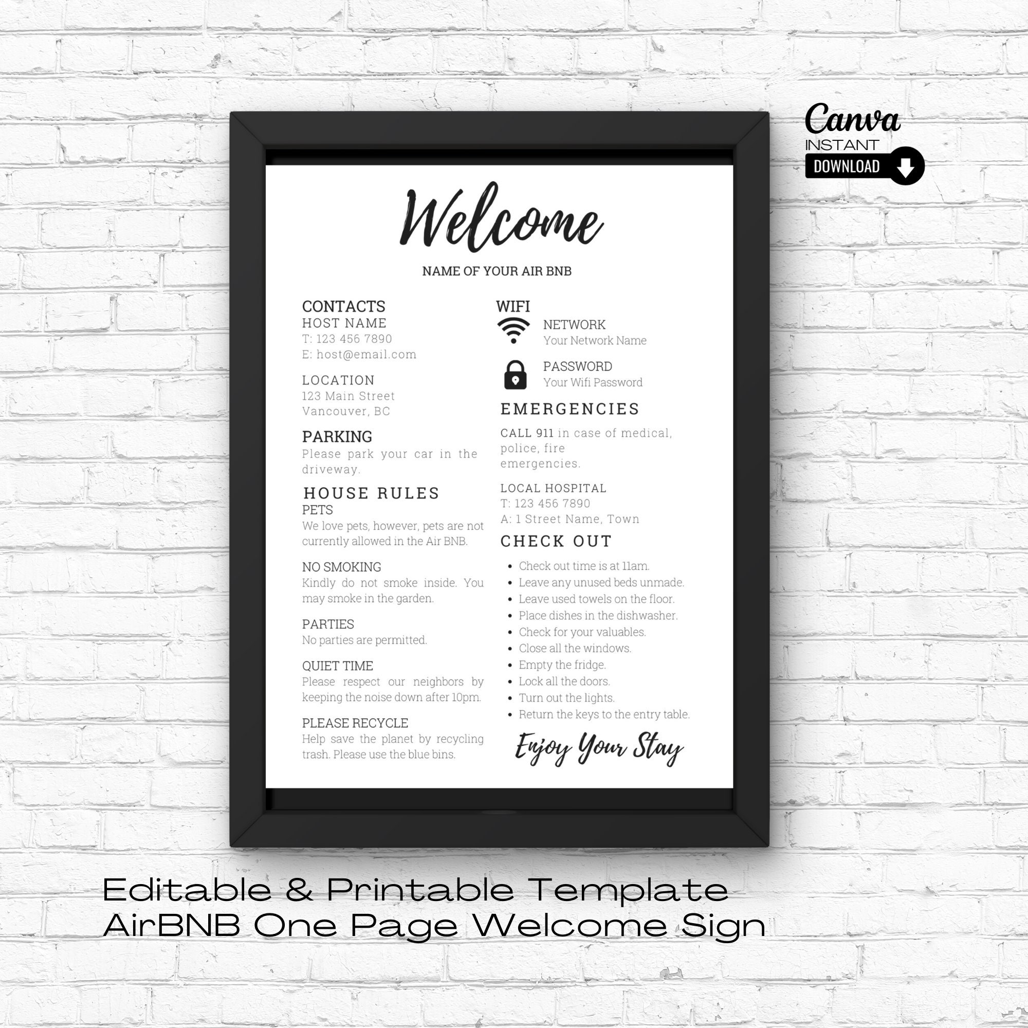 One Page Air BNB Airbnb Welcome Poster, Editable Airbnb Welcome Sign ...