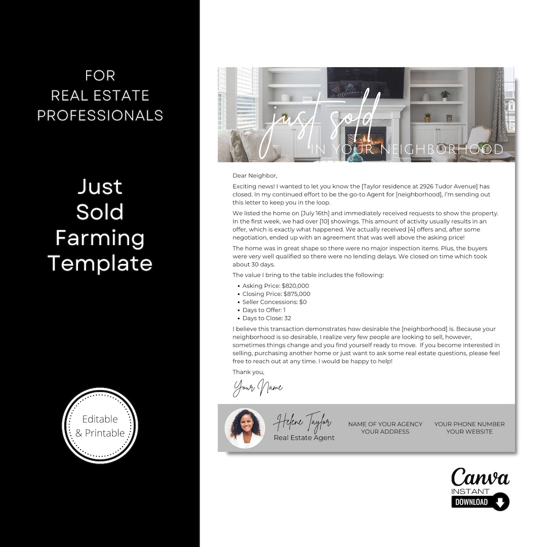 Real Estate Farming Letter Template: Just Sold Flyer (canva) - Etsy