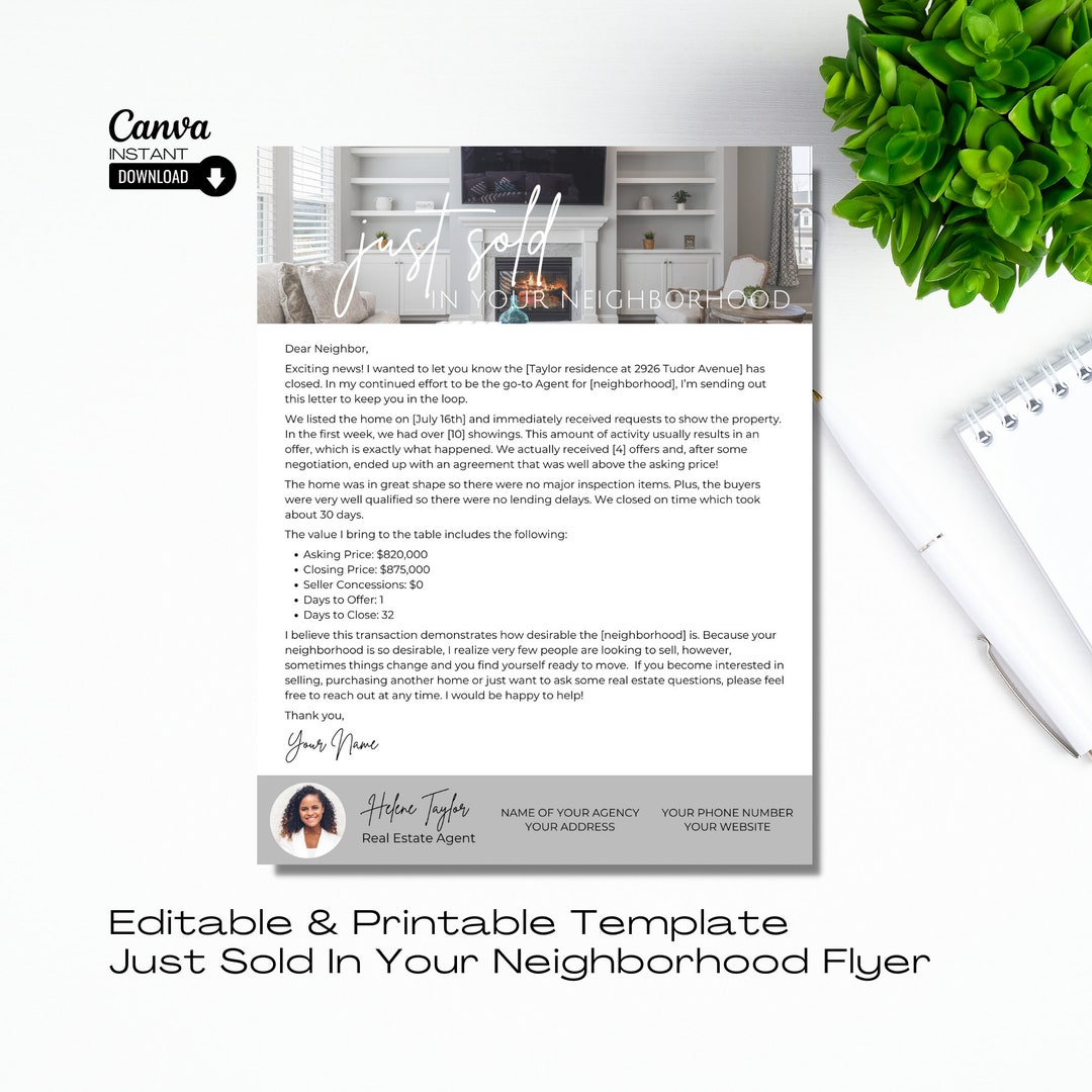 Real Estate Farming Letter: Just Sold Flyer Canva Template (digital ...