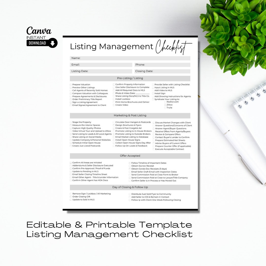 Listing Management Checklist Template, Printable Listing Management ...