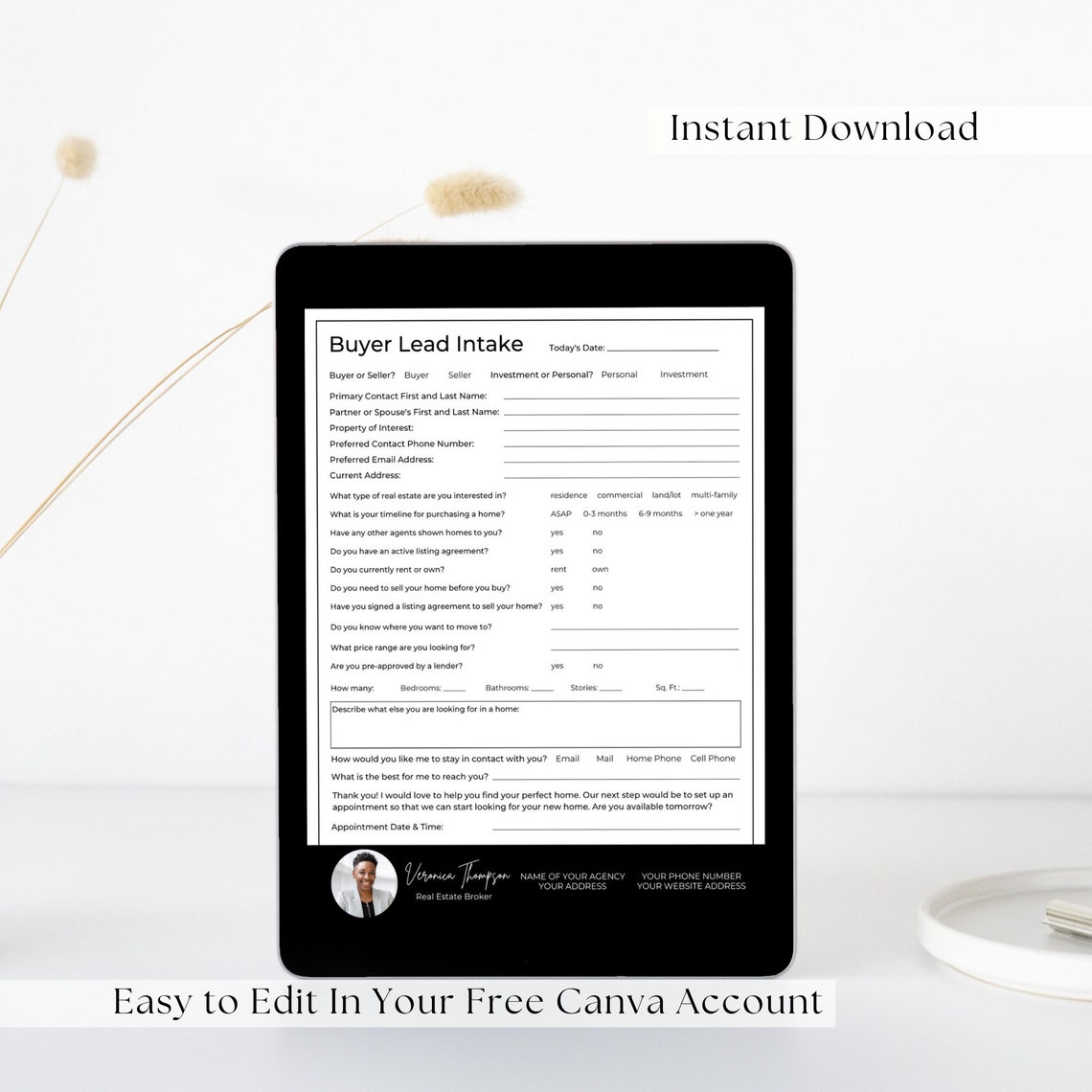 Editable Real Estate Lead Intake Sheet, Printable Buyer Questionnaire ...