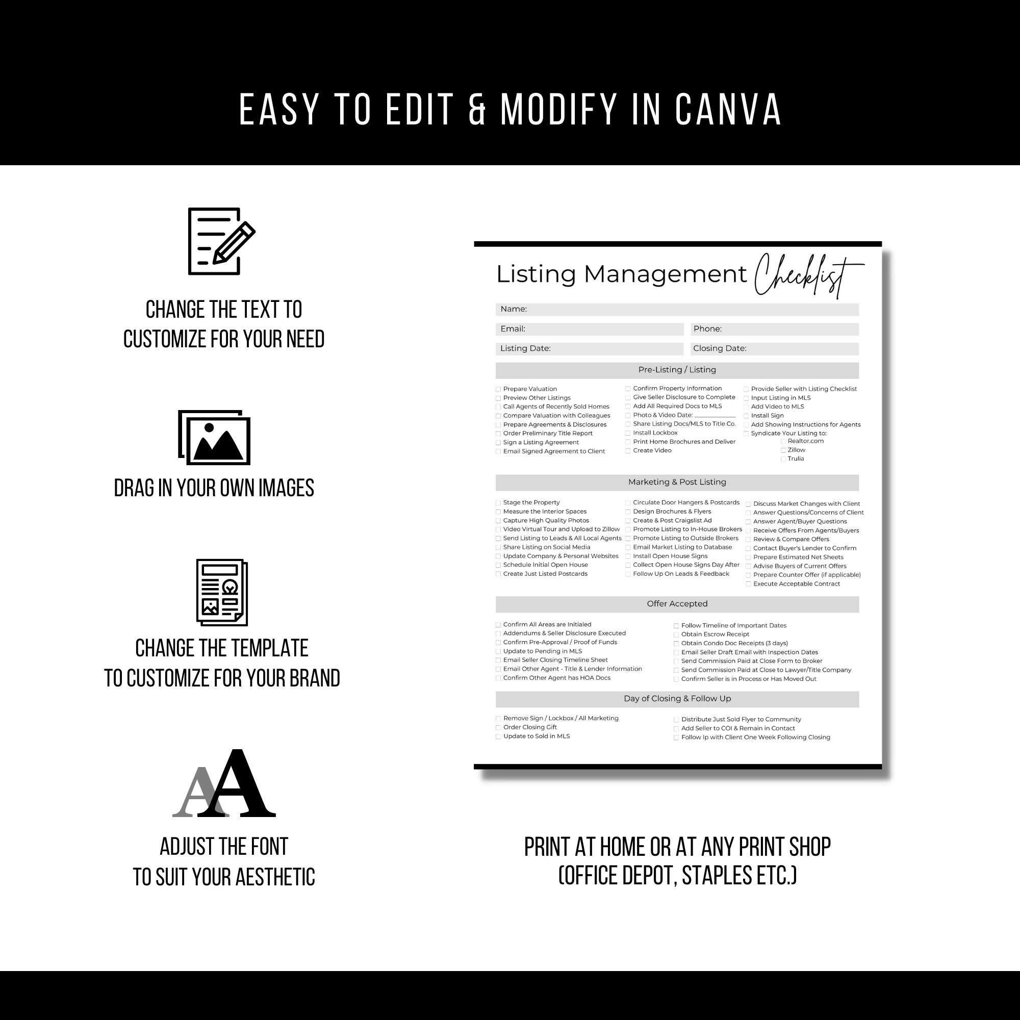 Real Estate Listing Management Checklist Template: Printable Canva Form ...