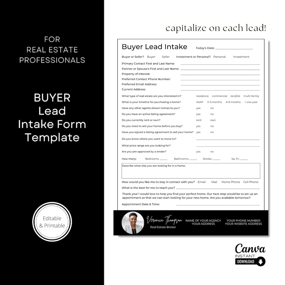 Editable Real Estate Lead Intake Sheet, Printable Buyer Questionnaire ...