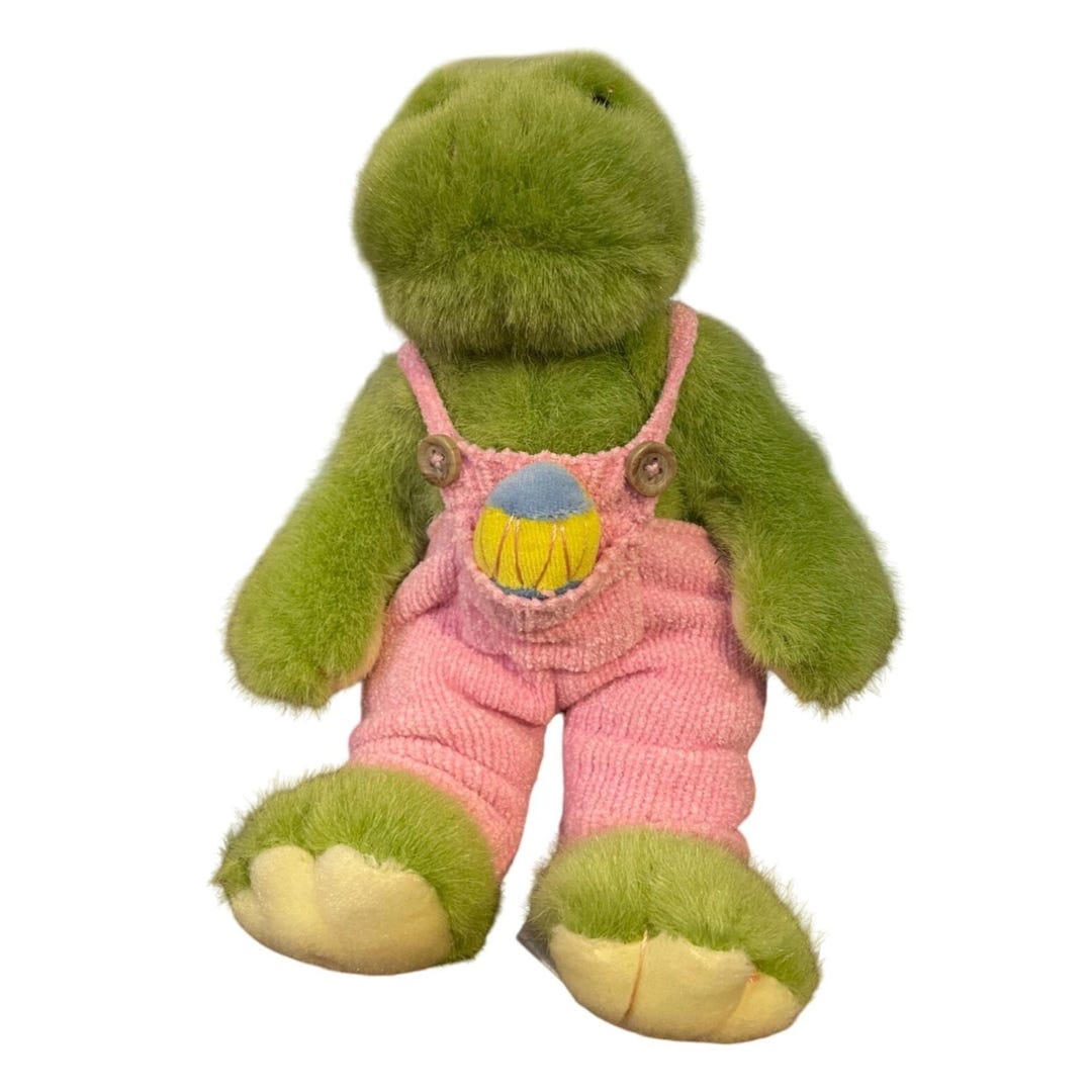 Hugfun Vintage Plush Green Frog Toy Pink Knit Overalls Easter Stuffed ...