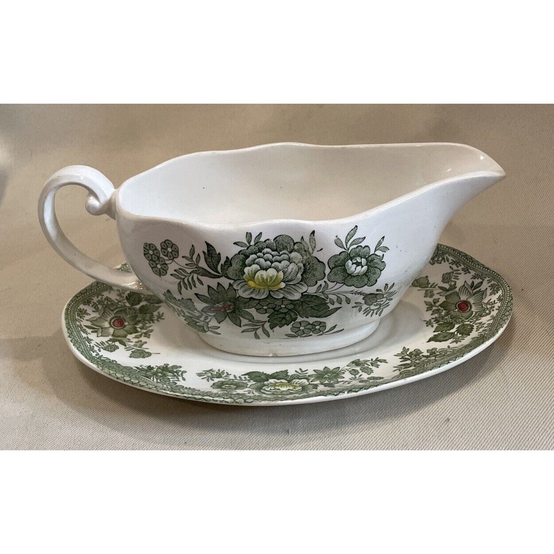 Wedgwood Enoch Green Kent Gravy Boat Dish and Plate Floral Flowers FLAW ...