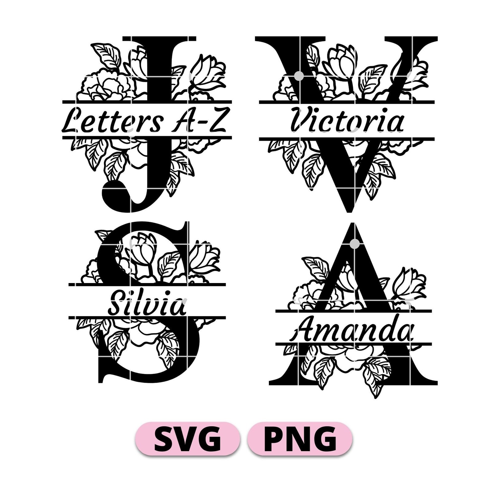 Floral Monogram SVG Bundle, Split Monogram, Last Name Svg, Initial ...