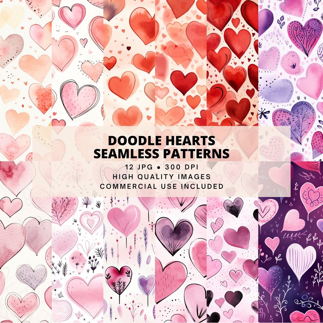 Watercolor Heart Seamless Patterns, Doodle Hearts Illustrations ...