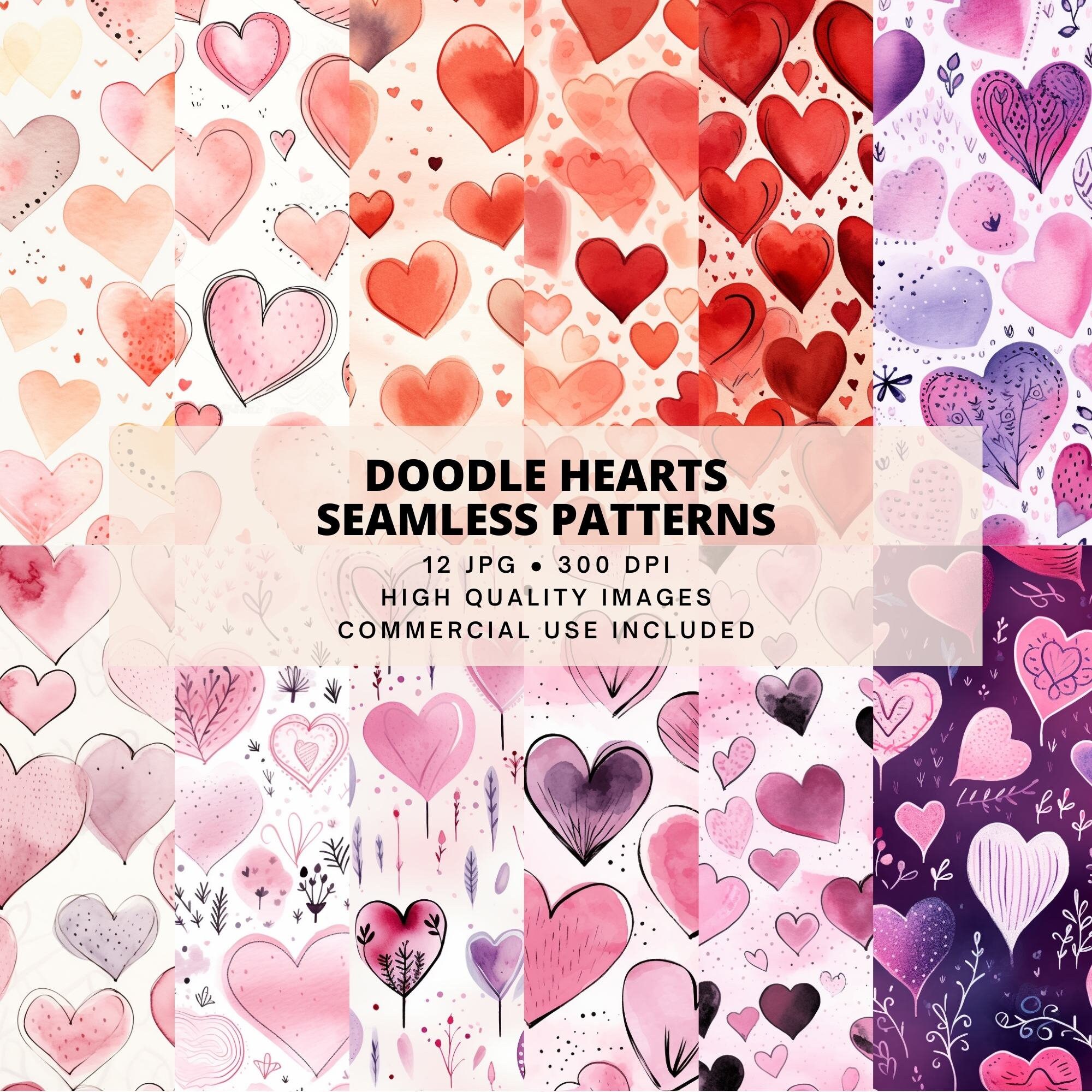 Watercolor Heart Seamless Patterns, Doodle Hearts Illustrations ...