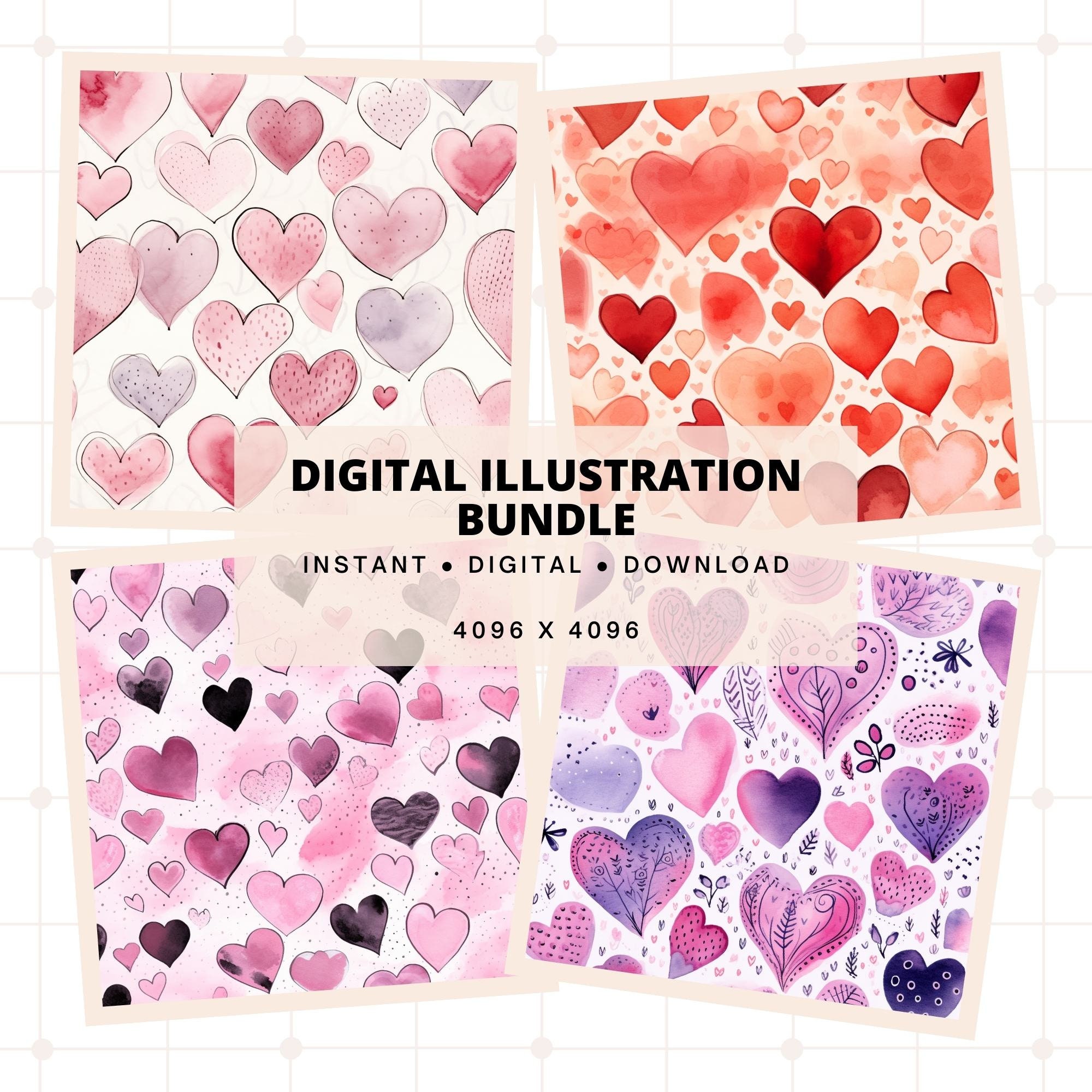 Watercolor Heart Seamless Patterns, Doodle Hearts Illustrations ...