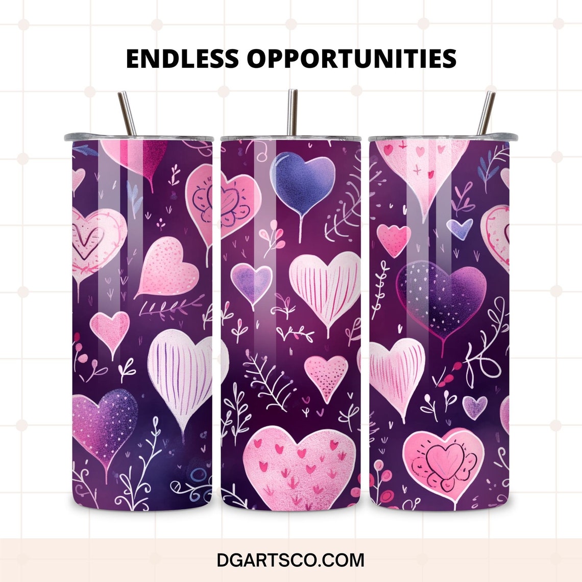 Watercolor Heart Seamless Patterns, Doodle Hearts Illustrations ...