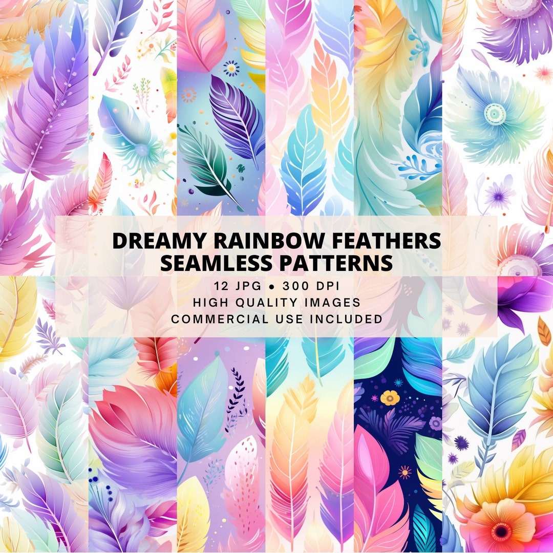 Dreamy Rainbow Feathers Seamless Patterns, Feather Pastel Paper, Boho ...
