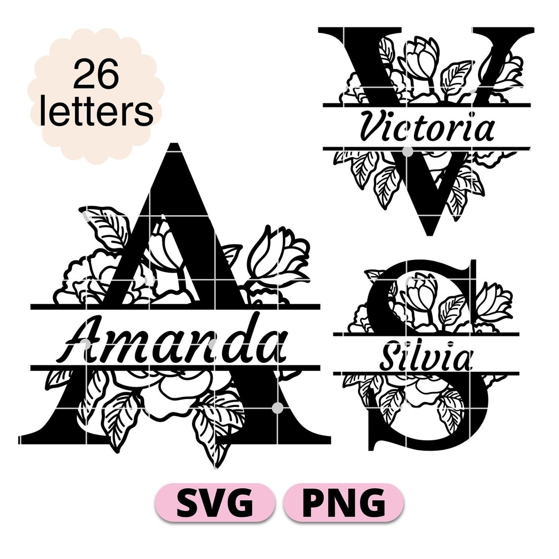 Split Monogram SVG Bundle, Floral Alphabet Svg, Last Name Svg, Florish ...