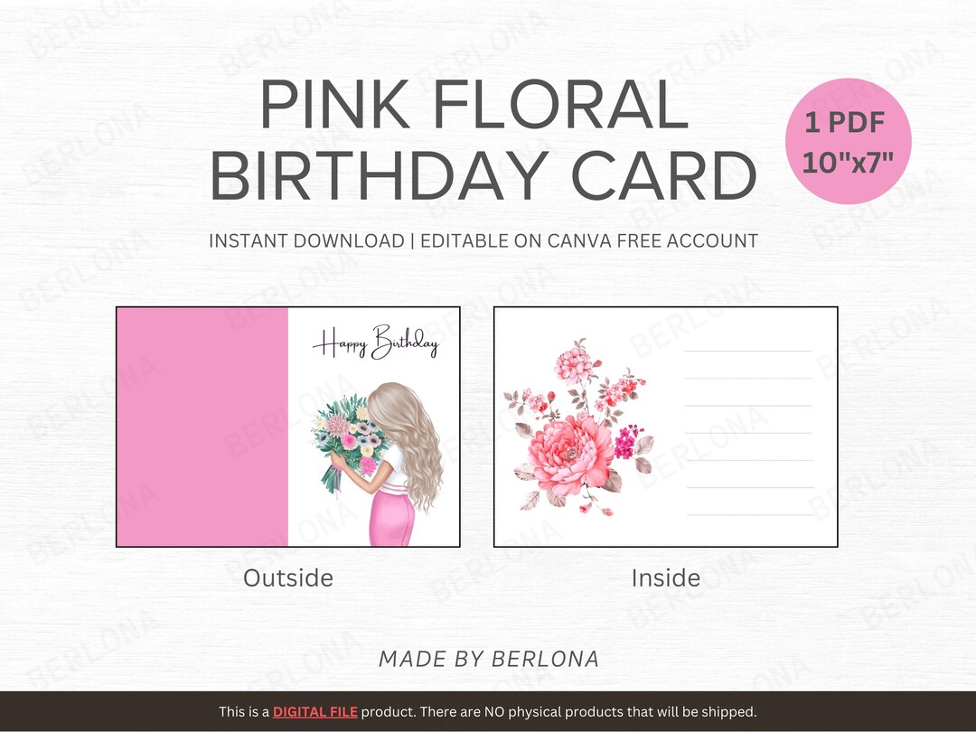 Editable Pink Floral Birthday Card, Canva Cards Template, Pink Cards ...