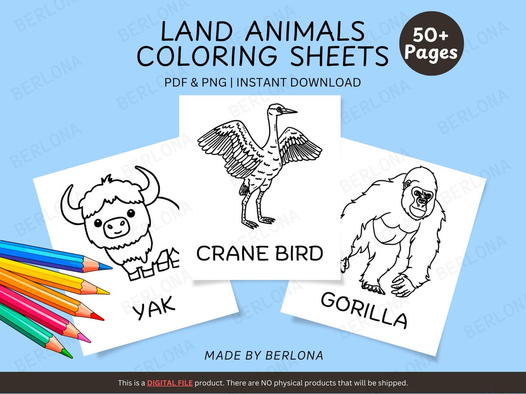 Land Animals Coloring Sheets, Childrens Coloring Worksheet, Printable ...