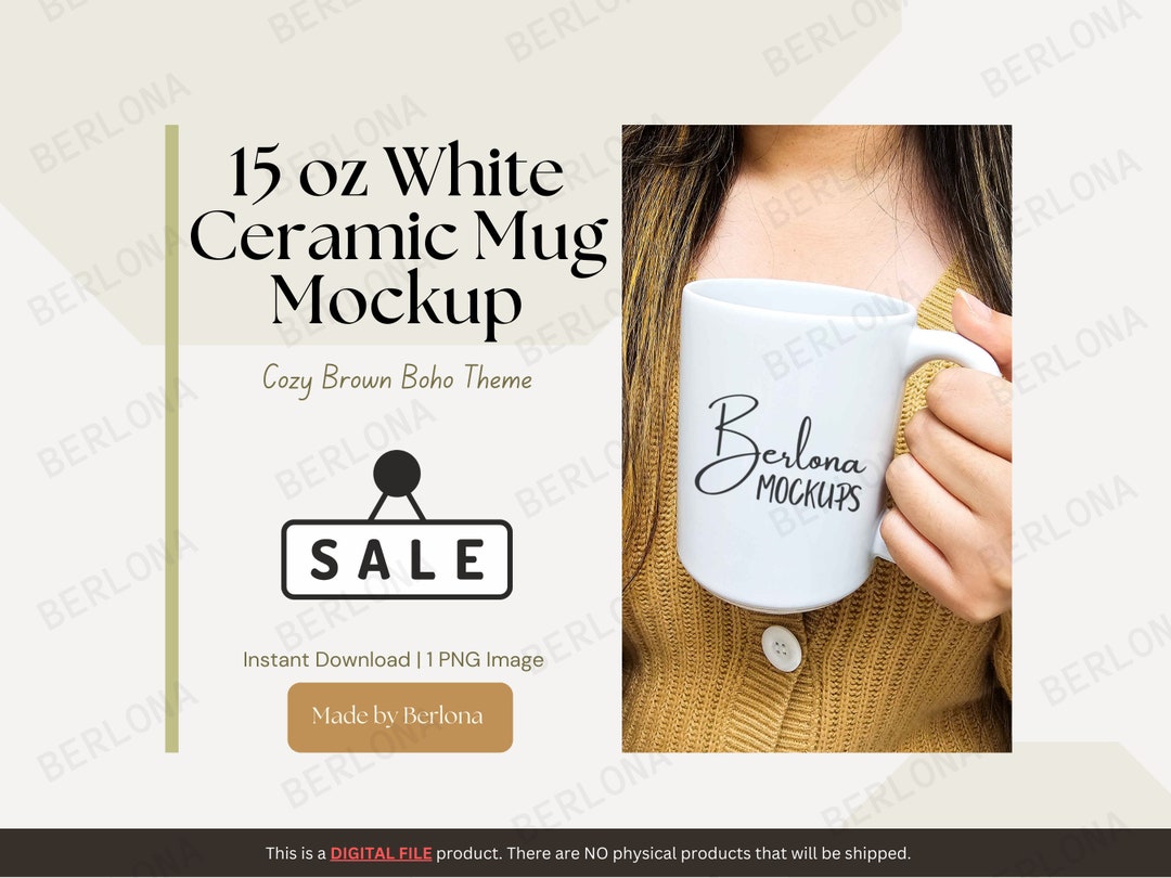 15 Oz Mug Mockup, Brown Cozy Boho Mugs Sample, White Coffee Cup Mockups ...