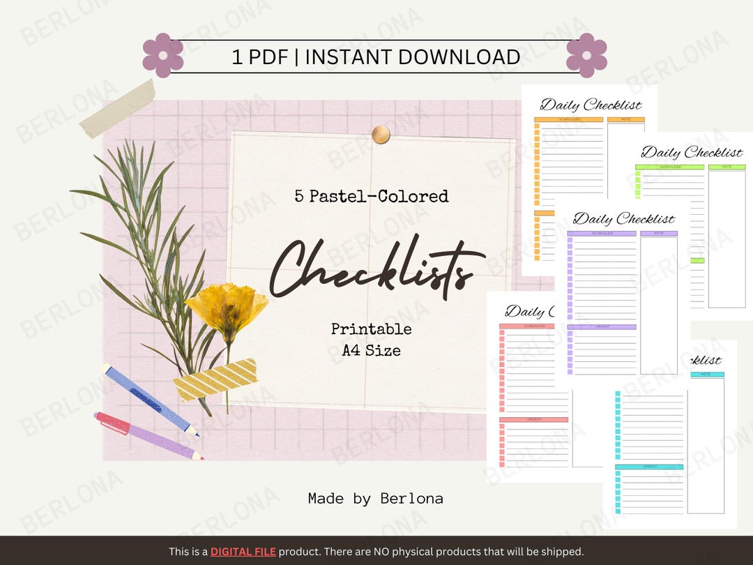 5 Pastel Colored Checklist, Cute Daily Checklist, Printable to Do List ...