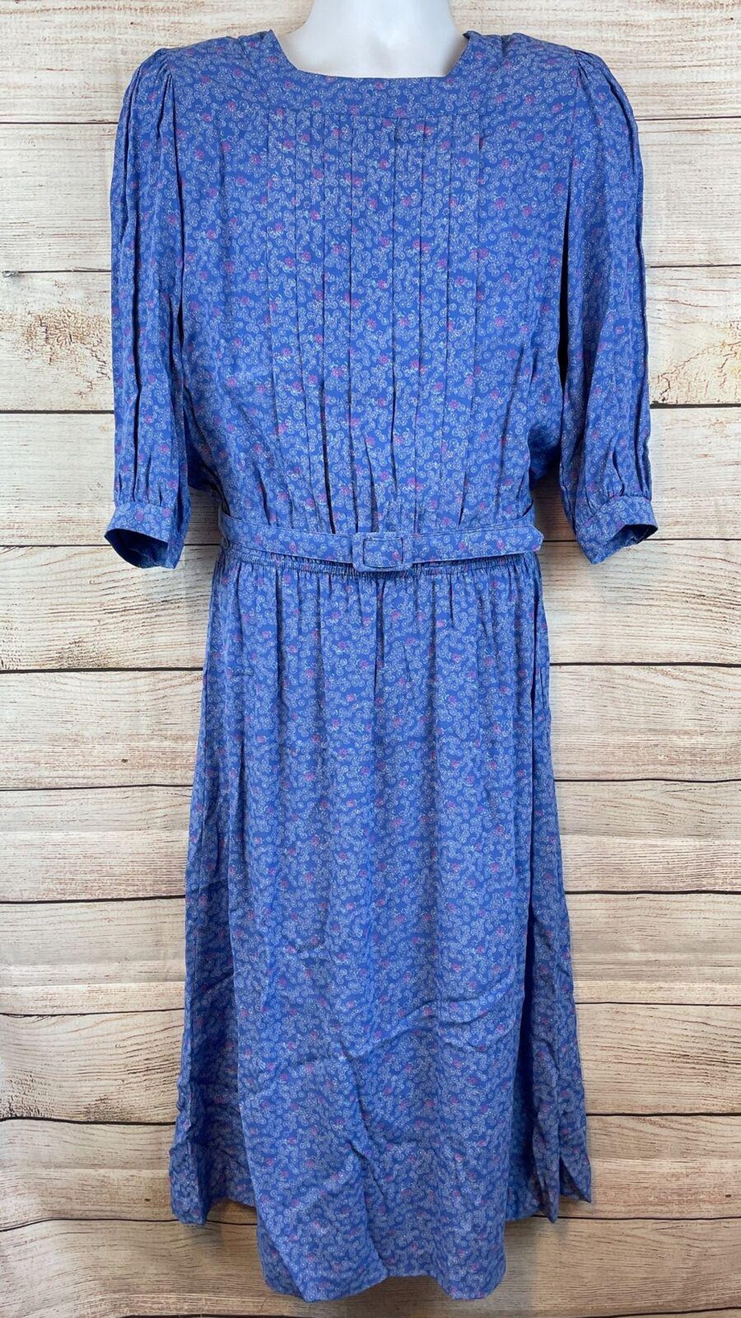 Karin Stevens Steven Stoller Vintage Blue Floral Belted Dress Sz 14 ...