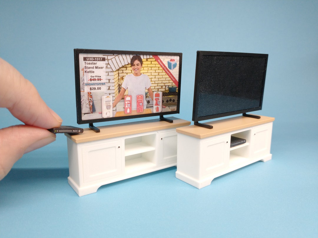 Miniature Flatscreen TV on Stand, Modern Cabinet & Video Box in 1:24 ...