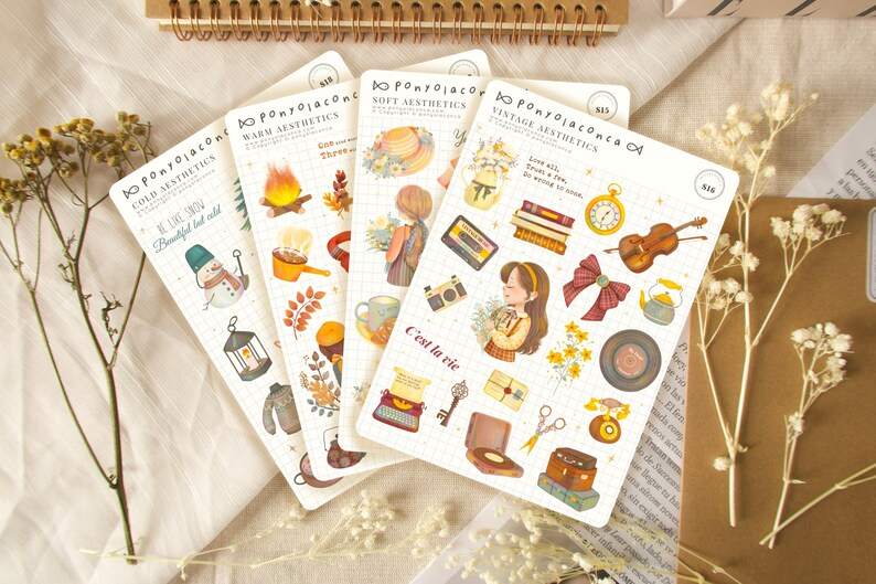 Aesthetic Stickers Set, Planner Sticker Bundle, Vintage Aesthetic ...