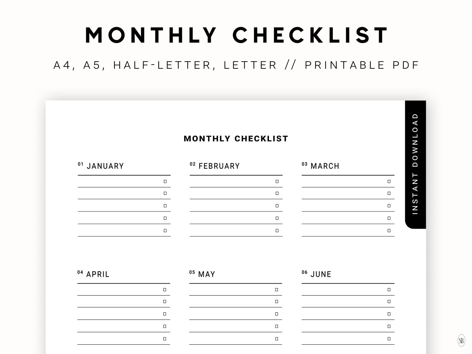 Minimalist Monthly Checklist Printable / Monthly Planner Inserts ...