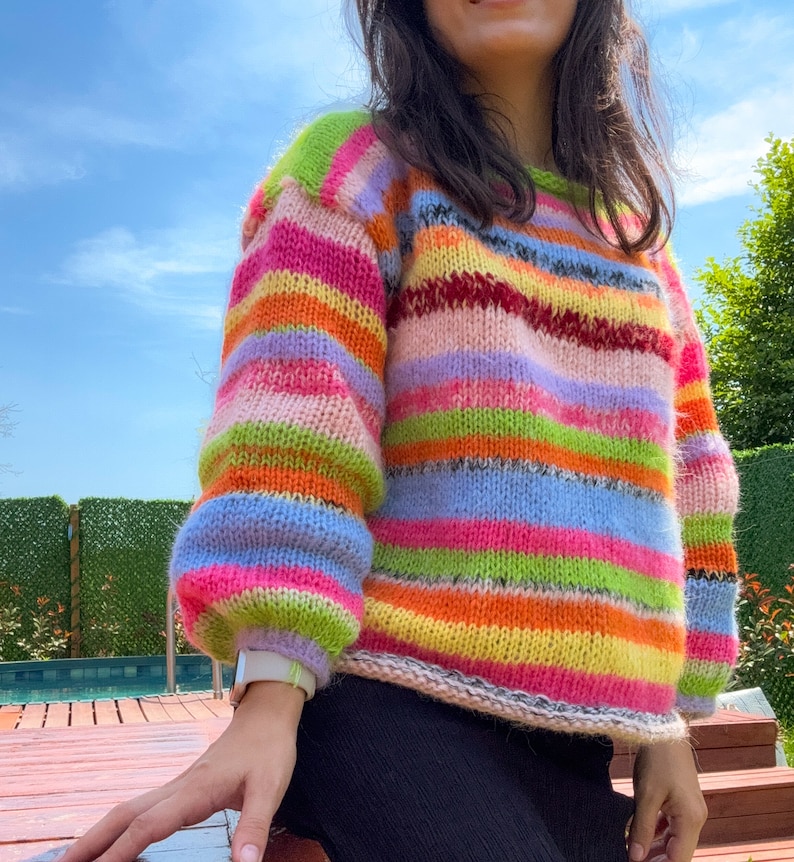 Hand-knitted Colorful Striped Sweater: Cotton Mohair Blend, Oversized ...