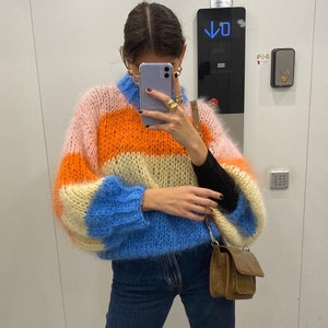 Colorful Striped Sweater, Crochet Sweater, Hand Knitted Warm Sweater ...