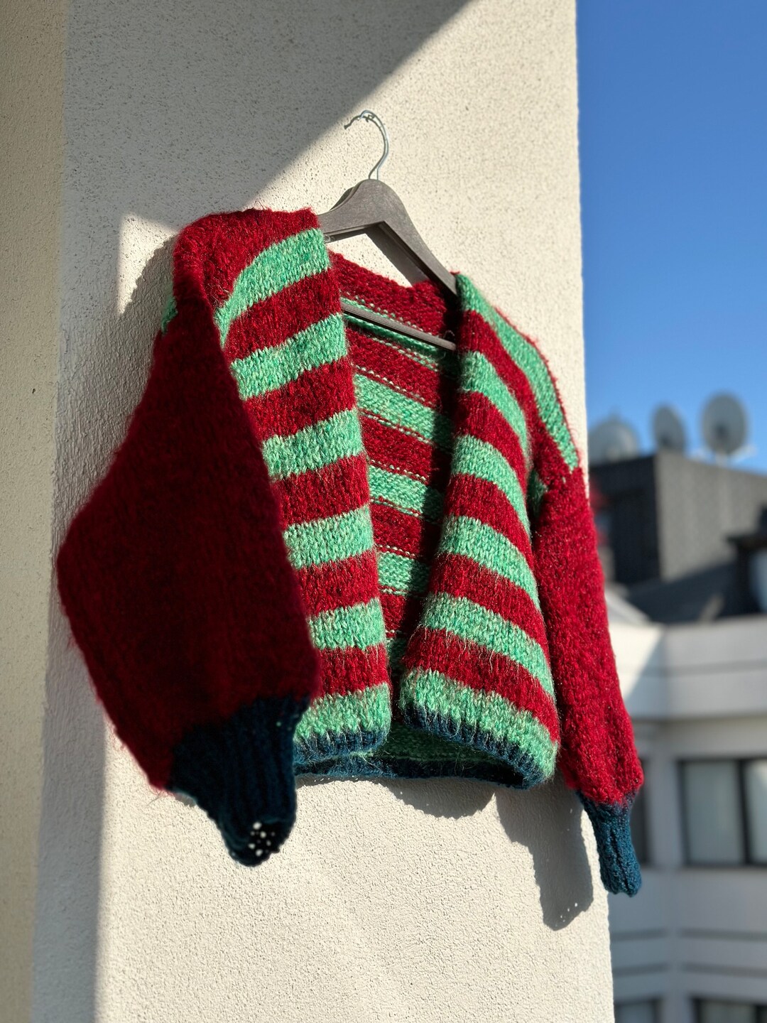 Green Red Crochet Cardigan, Hand Knitted Warm Cardigan, Oversize ...