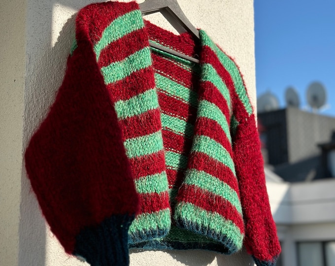 Green Red Crochet Cardigan, Hand Knitted Warm Cardigan, Oversize ...