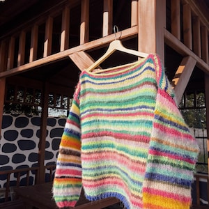 Hand-knitted Colorful Striped Sweater: Oversized Cotton Mohair Blend ...