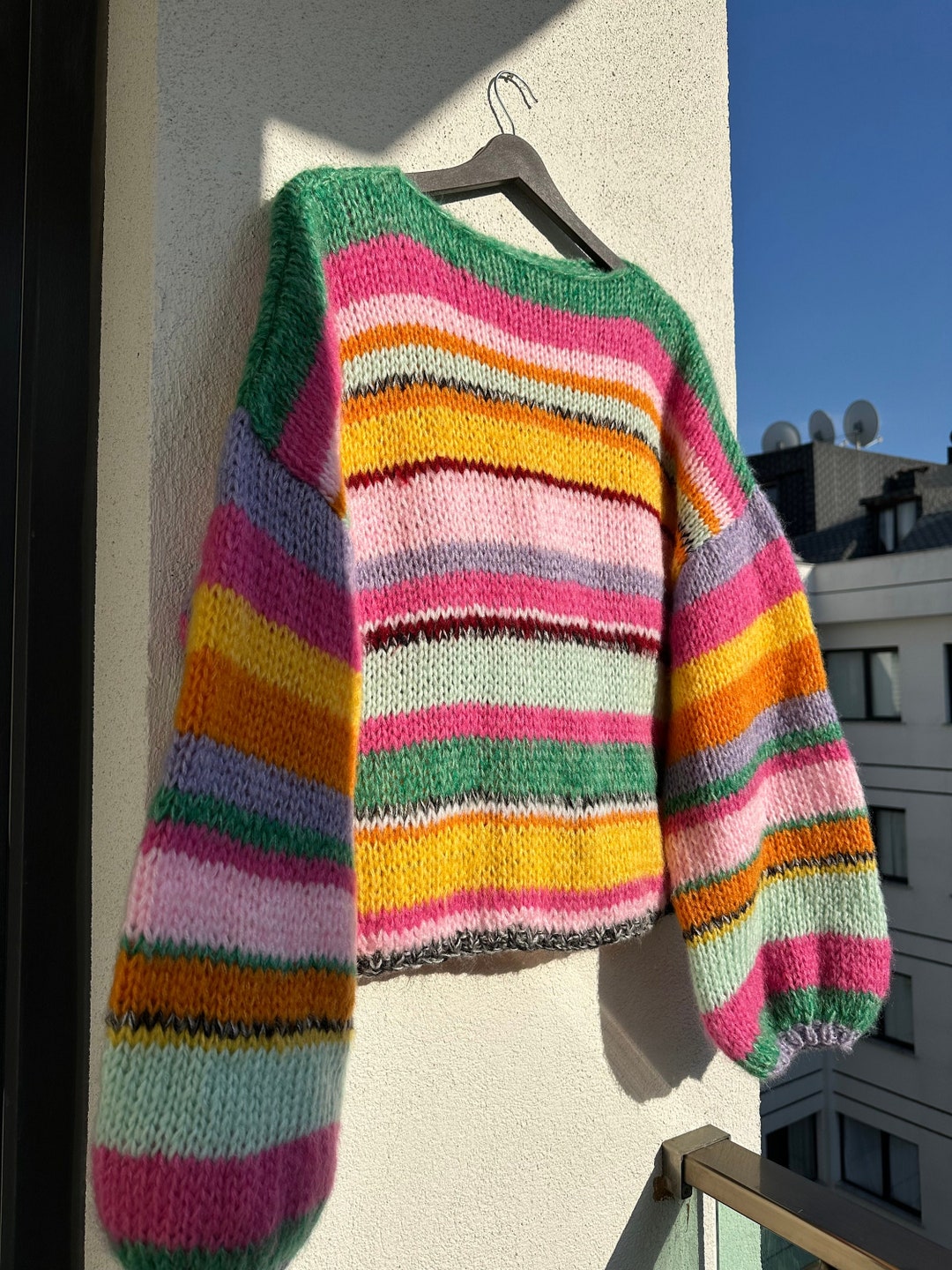 Colorful Striped Sweater, Crochet Sweater, Hand Knitted Warm Sweater ...