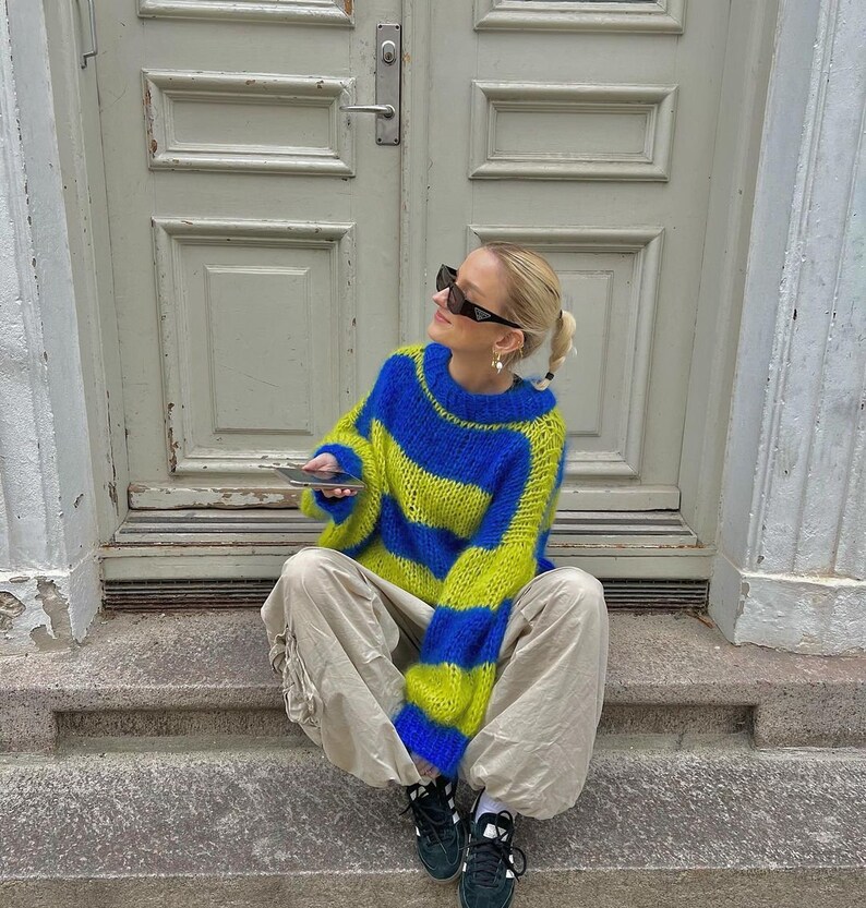 Colorful Striped Sweater, Crochet Sweater, Hand Knitted Warm Sweater ...