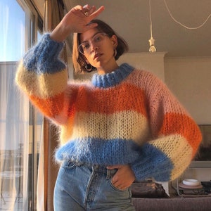 Colorful Striped Sweater, Crochet Sweater, Hand Knitted Warm Sweater ...