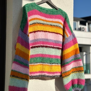Colorful Striped Sweater, Crochet Sweater, Hand Knitted Warm Sweater ...