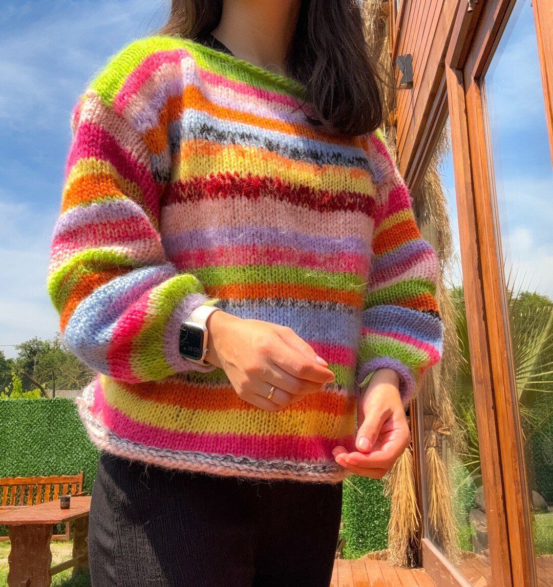 Colorful Striped Sweater, Crochet Sweater, Hand Knitted Warm Sweater ...