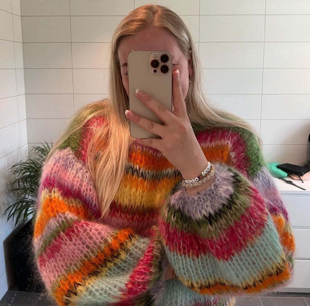 Colorful Striped Sweater, Crochet Sweater, Hand Knitted Warm Sweater ...