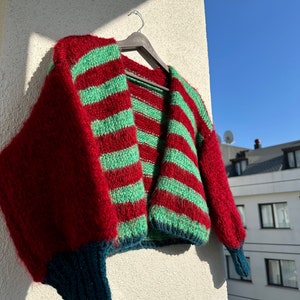 Green Red Crochet Cardigan, Hand Knitted Warm Cardigan, Oversize ...