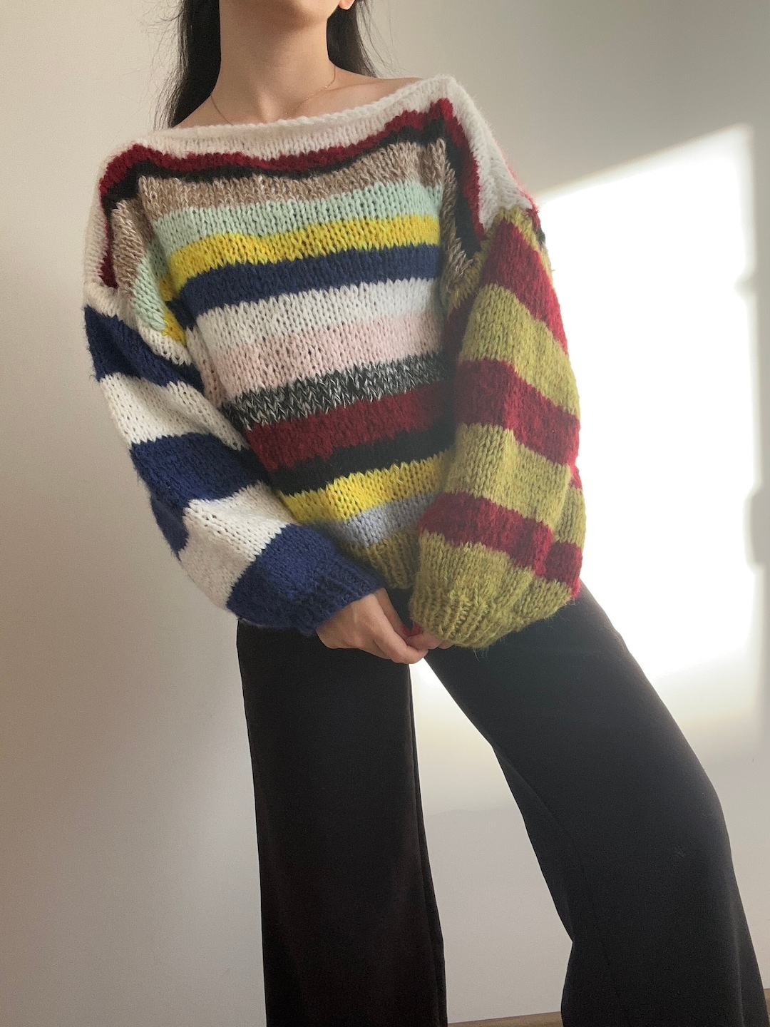 Colorful Striped Sweater, Crochet Sweater, Hand Knitted Warm Sweater ...