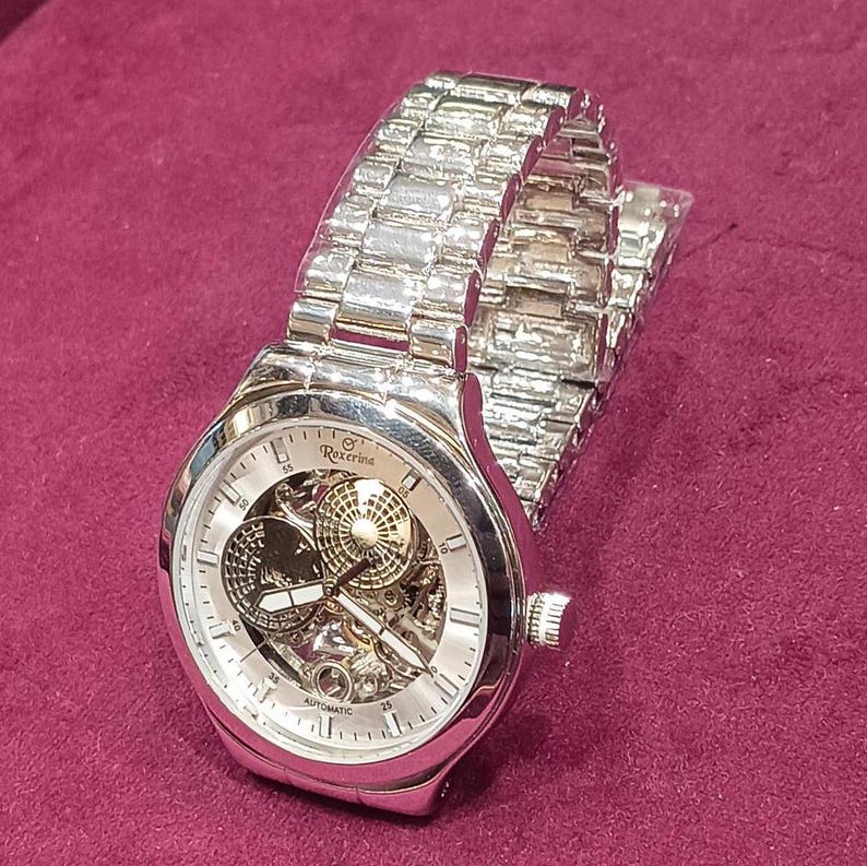 925 Sterling Silver Automatic Men's Round Watch Unique Link Bracelet ...