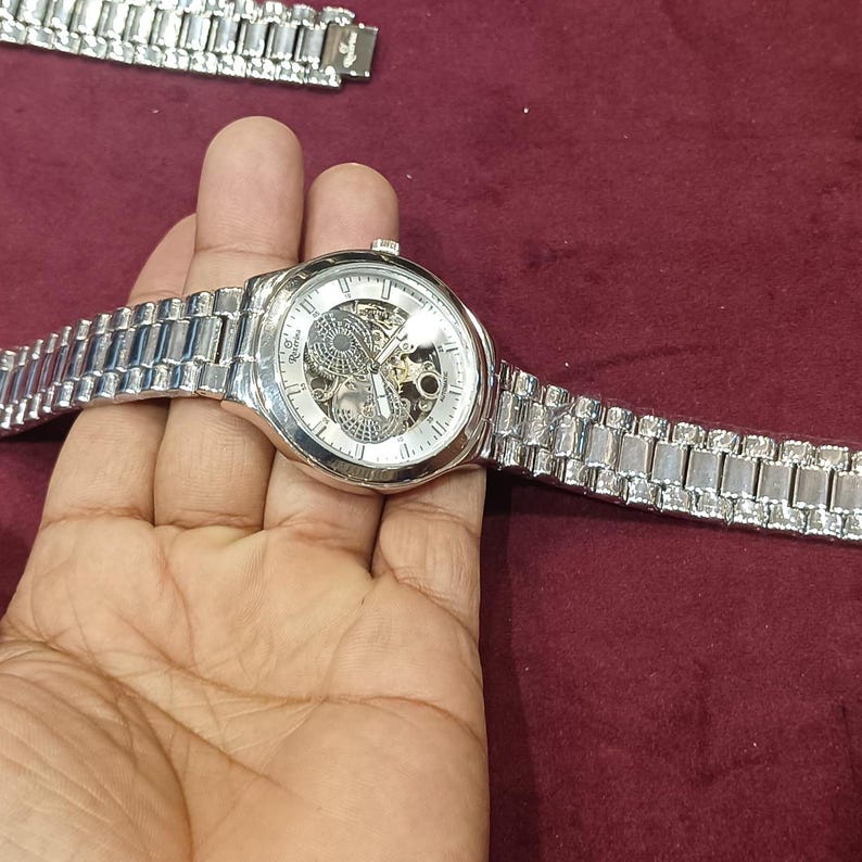 925 Sterling Silver Automatic Men's Round Watch Unique Link Bracelet ...