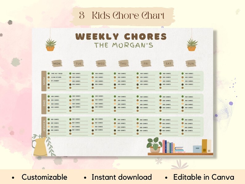 3 Kids Chore Chart, 3 Person Chore Chart, Editable Chore Charts for ...